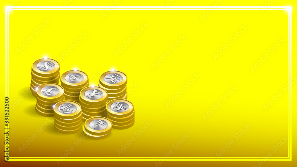 Poster with 3d stacks of bimetallic coins. Gold and silver signs of ...