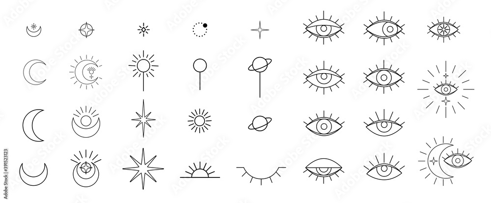 Evil seeing eye symbol set. Occult mystic emblem, graphic design tattoo ...