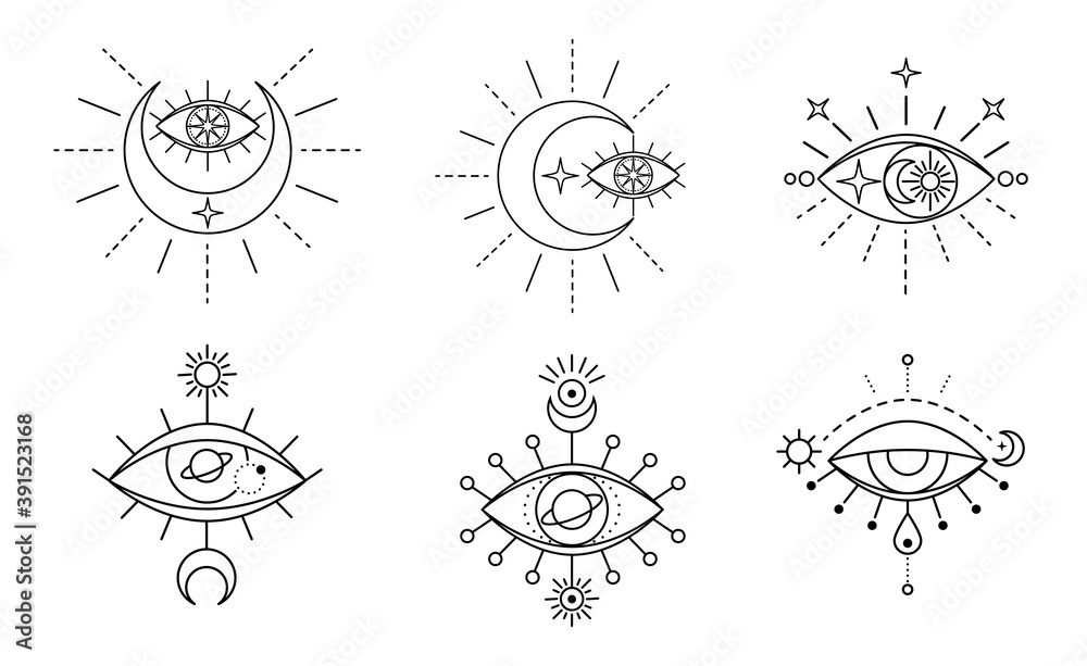 Evil seeing eye symbol set. Occult mystic emblem, graphic design tattoo ...