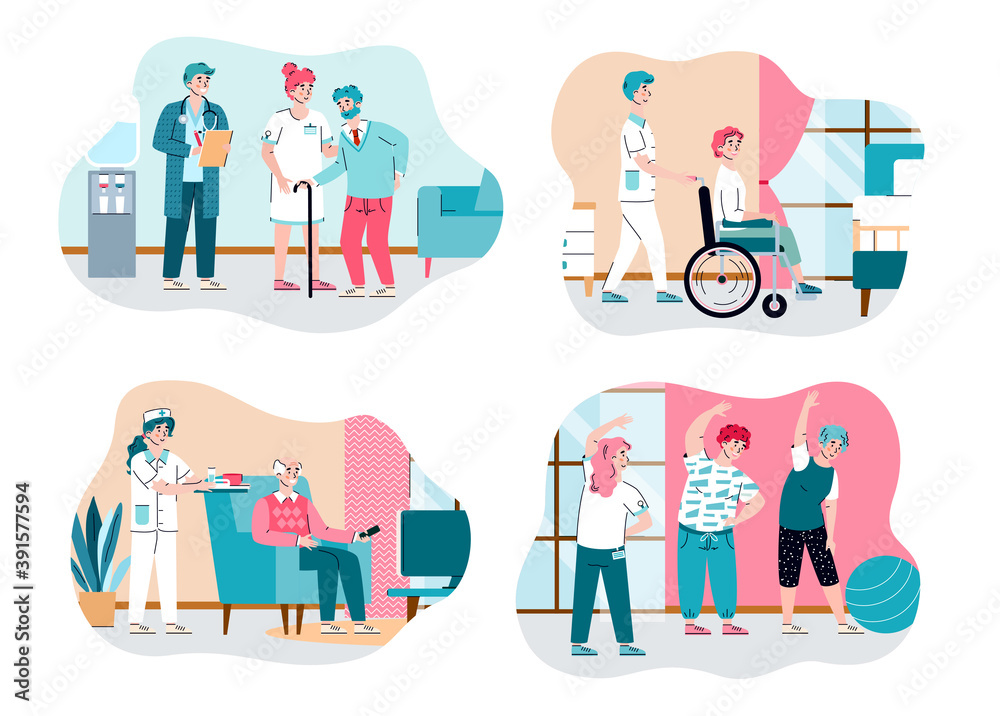 Set of banners depicting scenes in nursing home with cartoon people ...