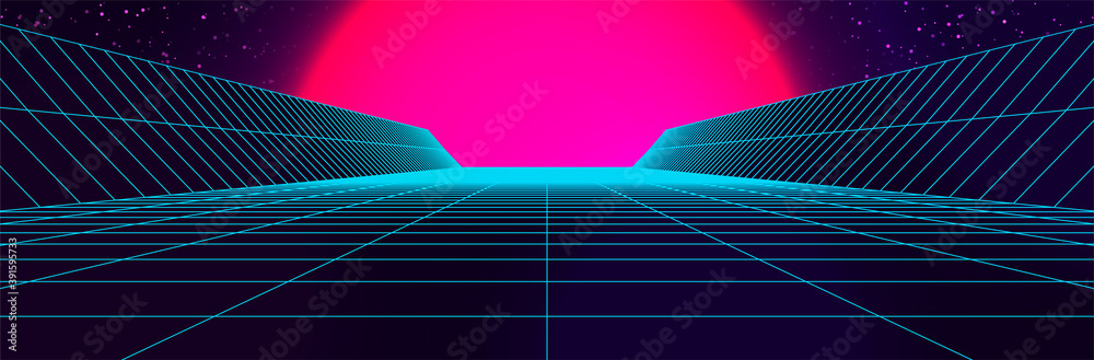 เวกเตอร์ Stock Synthwave background. 80s retro sun with grid. Wide ...