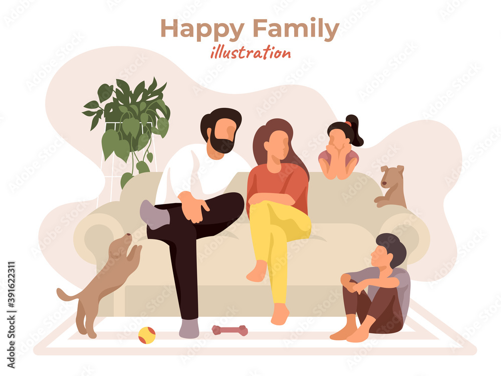 Happy family sitting on the comfy couch and talking. Parents and ...