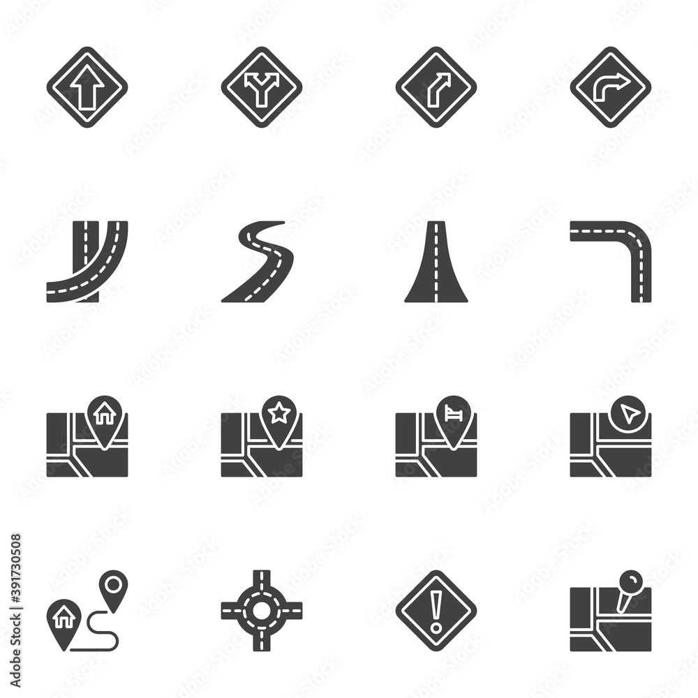 GPS navigation vector icons set, modern solid symbol collection, filled ...