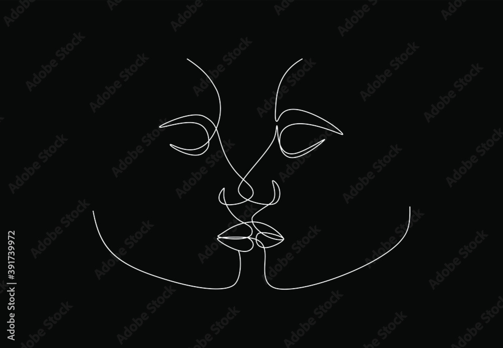 Abstract couple kiss one line. Linear drawing of woman man kissing ...
