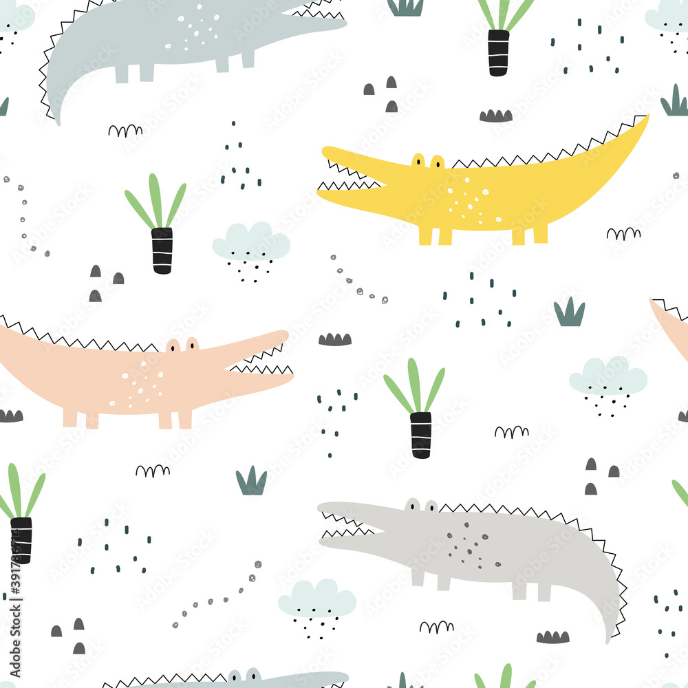 Seamless pattern Cartoon background with a crocodile with grass clump ...