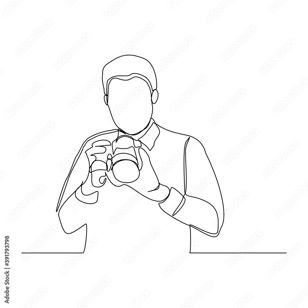 Continuous line drawing of professional man photographer take picture ...