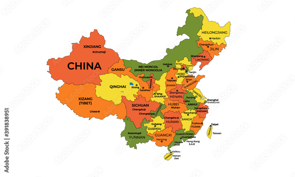 Map of Chinese of cities, capitals, provinces, and borders vector ...