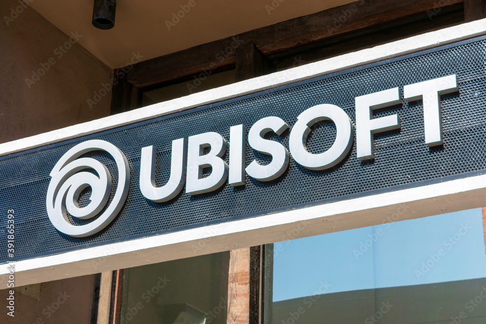 Ubisoft logo and sign above the entrance to Ubisoft Entertainment SA ...