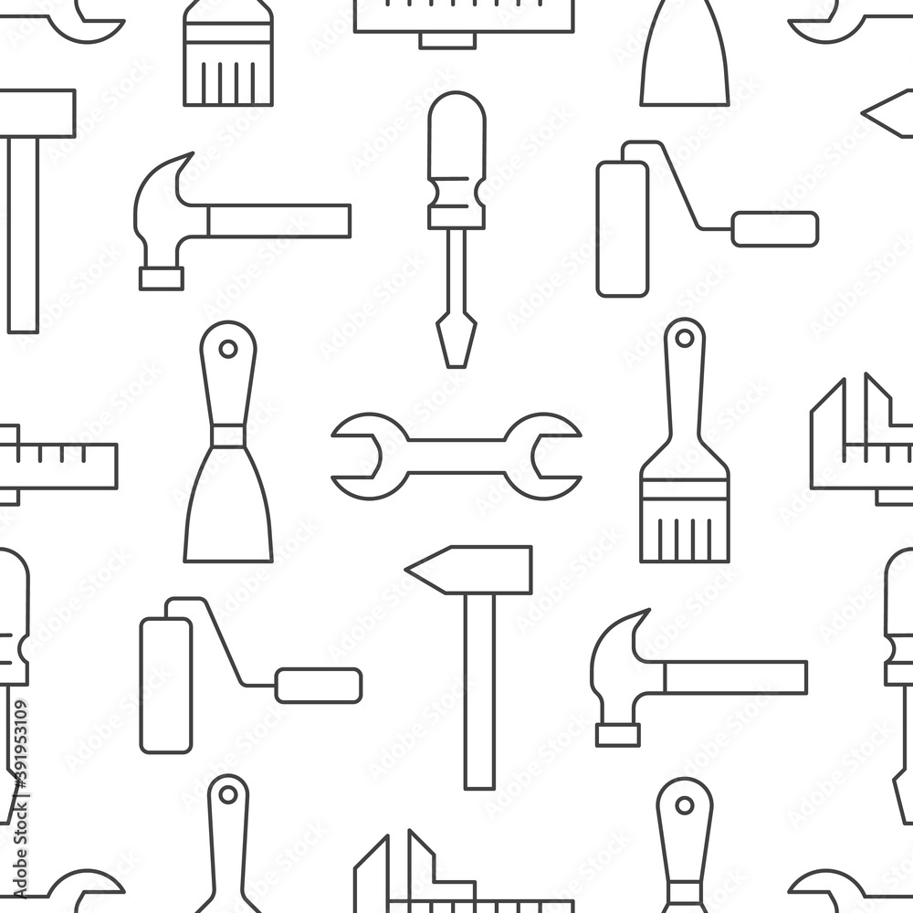 Building tools background, repair equipment seamless pattern with flat line icons of paintbrush ...