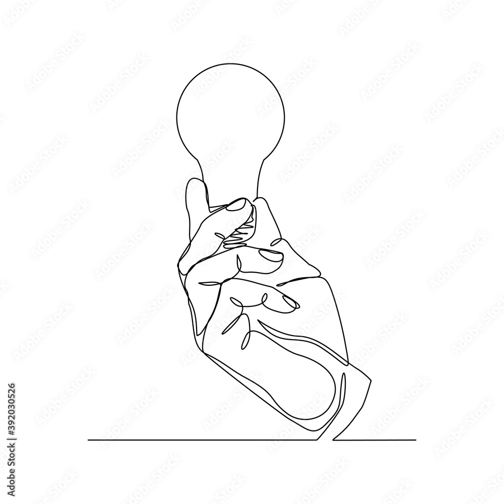 continuous line drawing of human hand holding light bulb, One line art ...