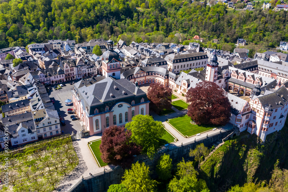 Weilburg Castle with baroque palace complex, old town hall and castle ...