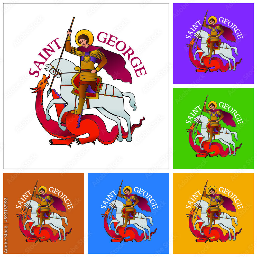 Set of colorful drawings of Saint George riding a horse and fighting ...