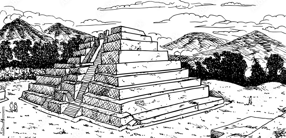 Temple-pyramid in talud-tablero style and double stair at the Maya city ...