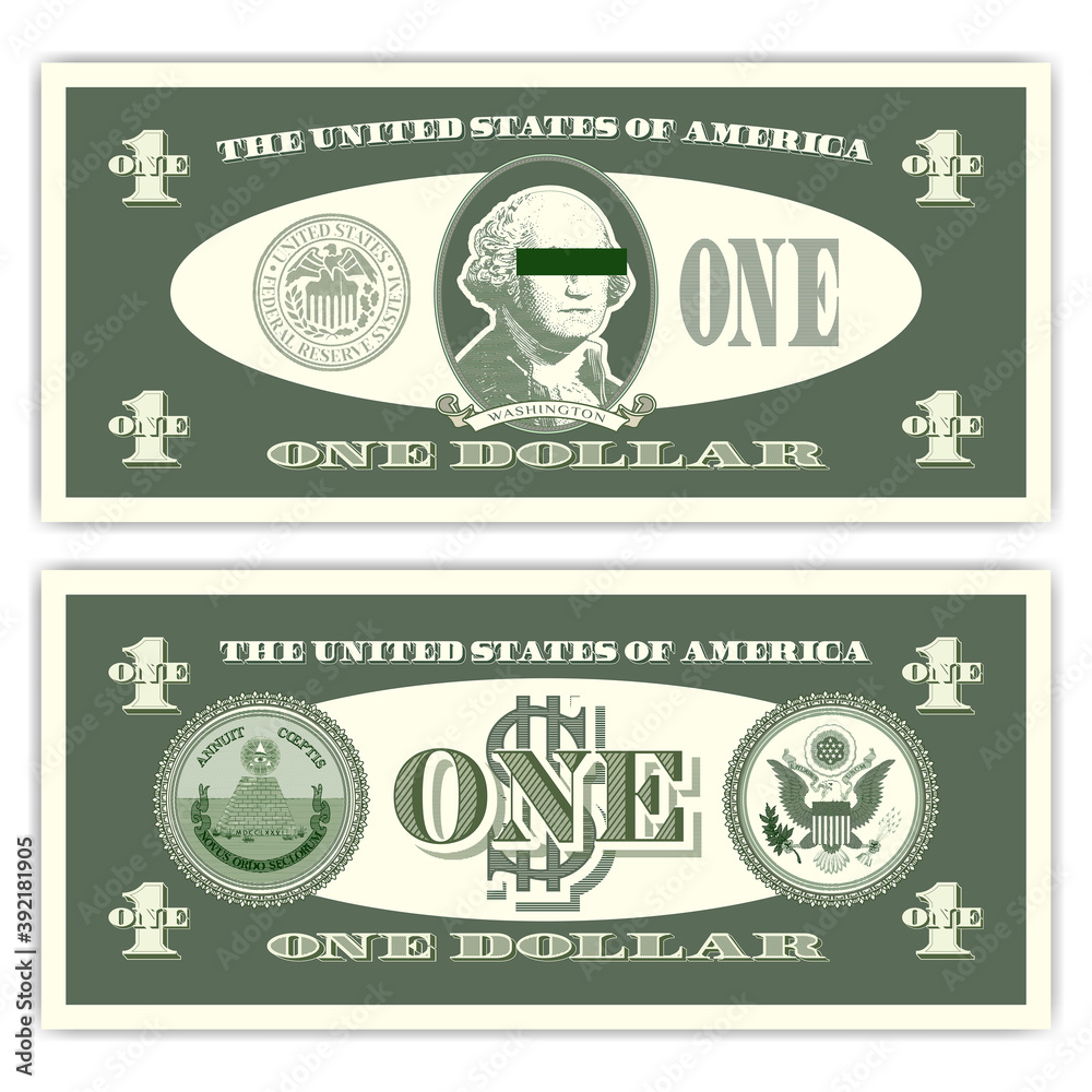 Fictitious green US paper money in denominations of one dollar. Pyramid ...