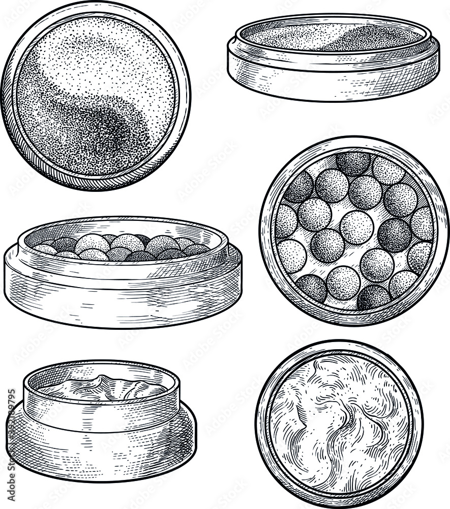 Face up powder, cream and pearls illustration, drawing, engraving, ink ...