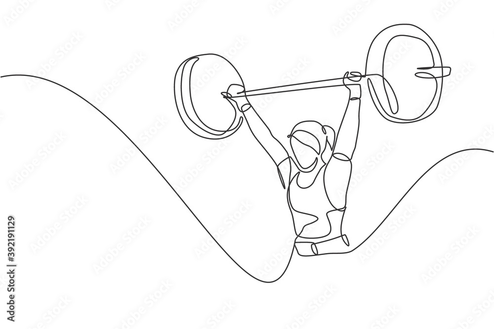 One single line drawing of fit young athlete muscular woman lifting ...