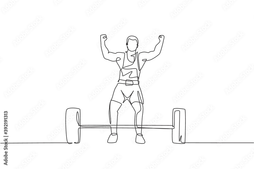 One continuous line drawing of young bodybuilder man doing exercise ...