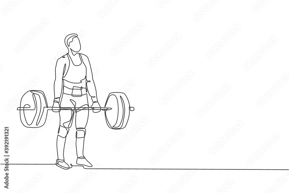 One single line drawing of fit young athlete muscular man lifting barbells working out at a gym ...