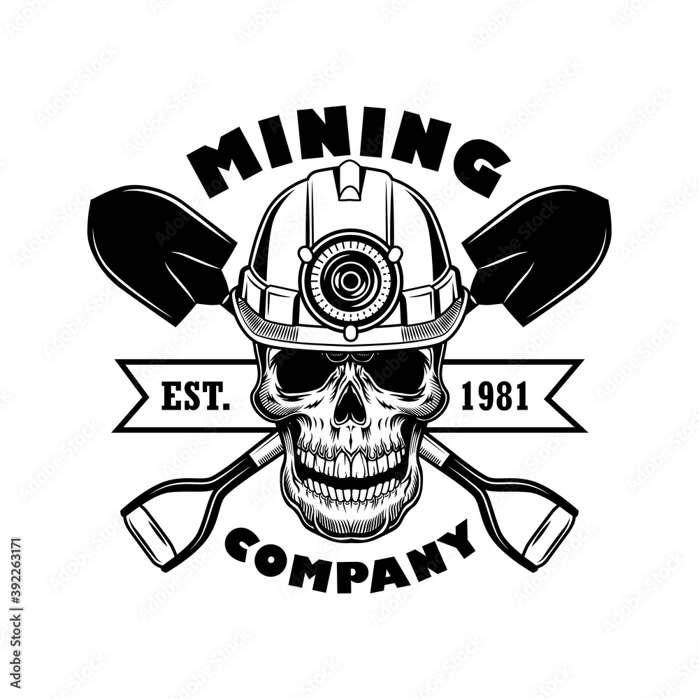 Miners skull vector illustration. Head of skeleton in helmet with torch ...