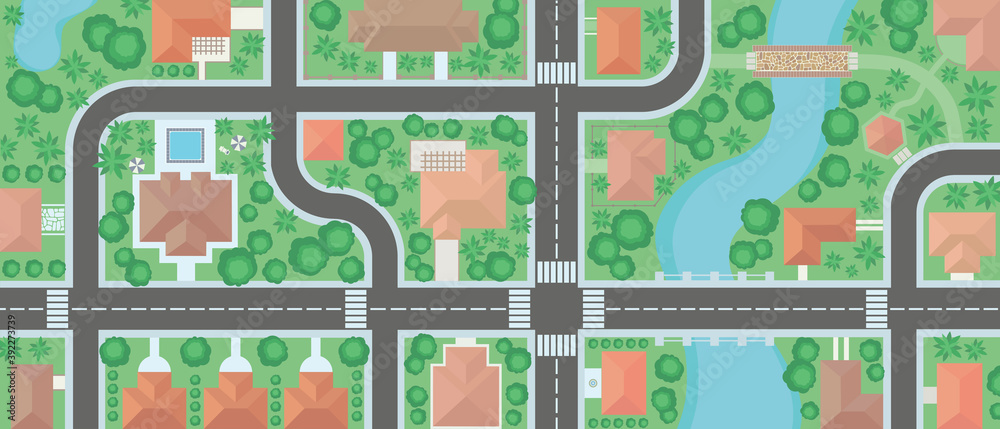 Wide aerial view neighborhood map cartoon vector, residential area from ...