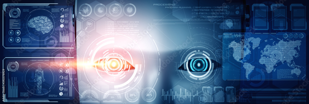 Robot humanoid face close up with graphic concept of big data analytic ...