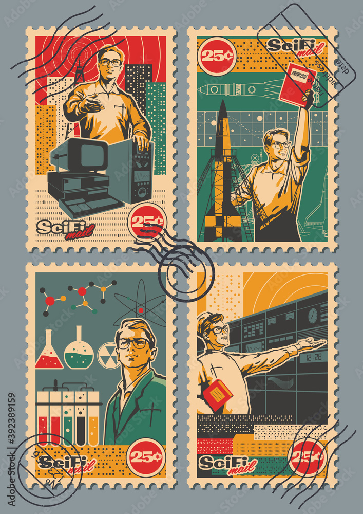 Retro Postage Stamps Style Science Propaganda Illustrations, Scientists ...