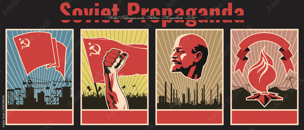Soviet Propaganda Posters Template Set, Red Banner, Construction Site ...