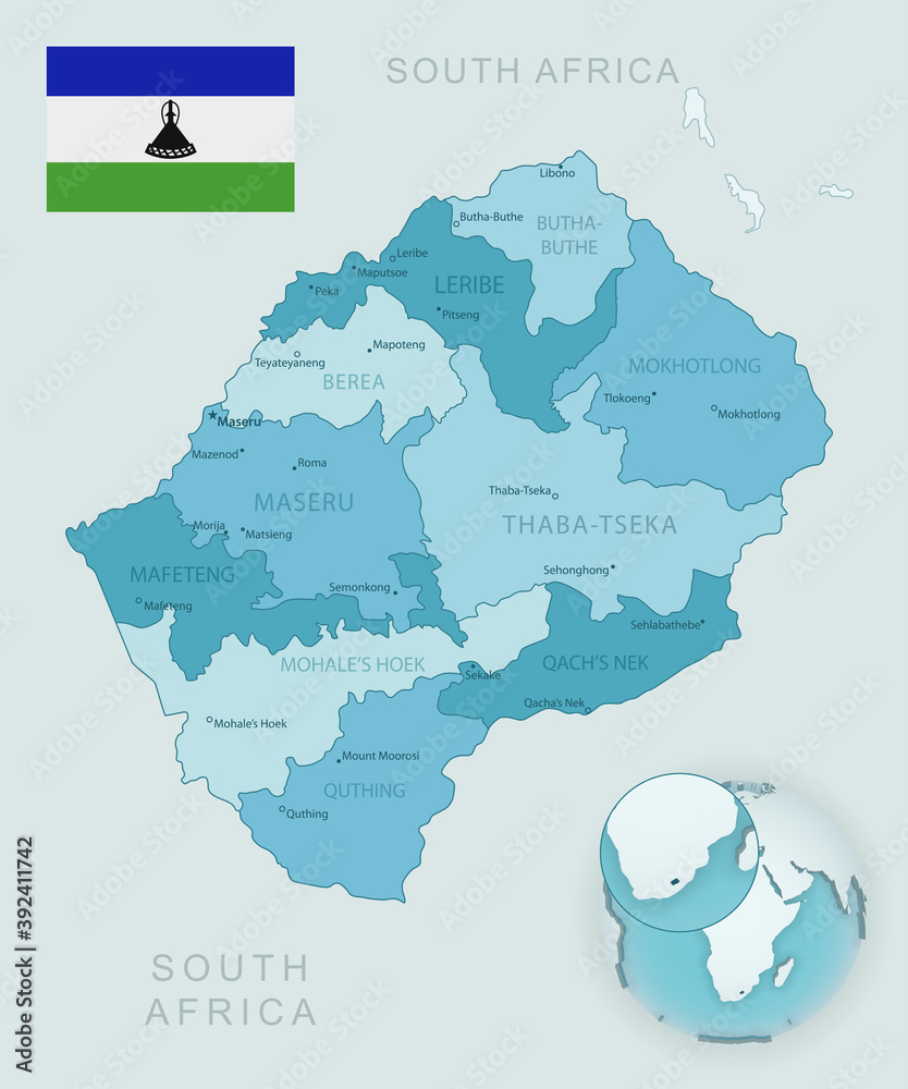 Blue-green detailed map of Lesotho administrative divisions with ...
