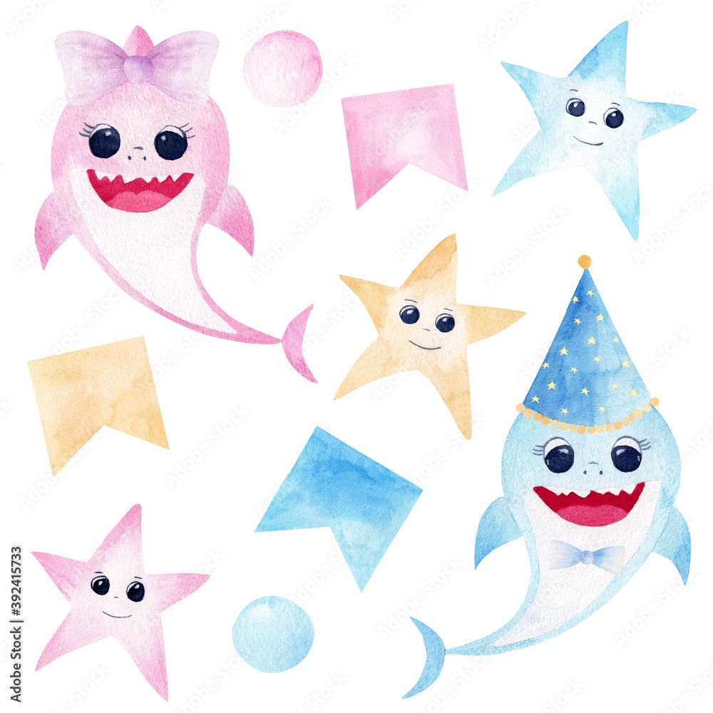 Стокова ілюстрація Baby shark watercolor clipart. Pink and blue smiling ...