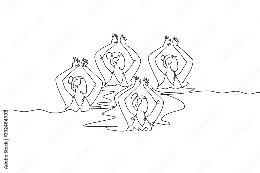 Vetor One continuous line drawing of young sporty women synchronized ...