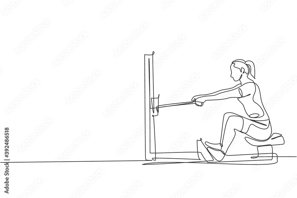 One single line drawing of young energetic woman exercise focus to pull ...
