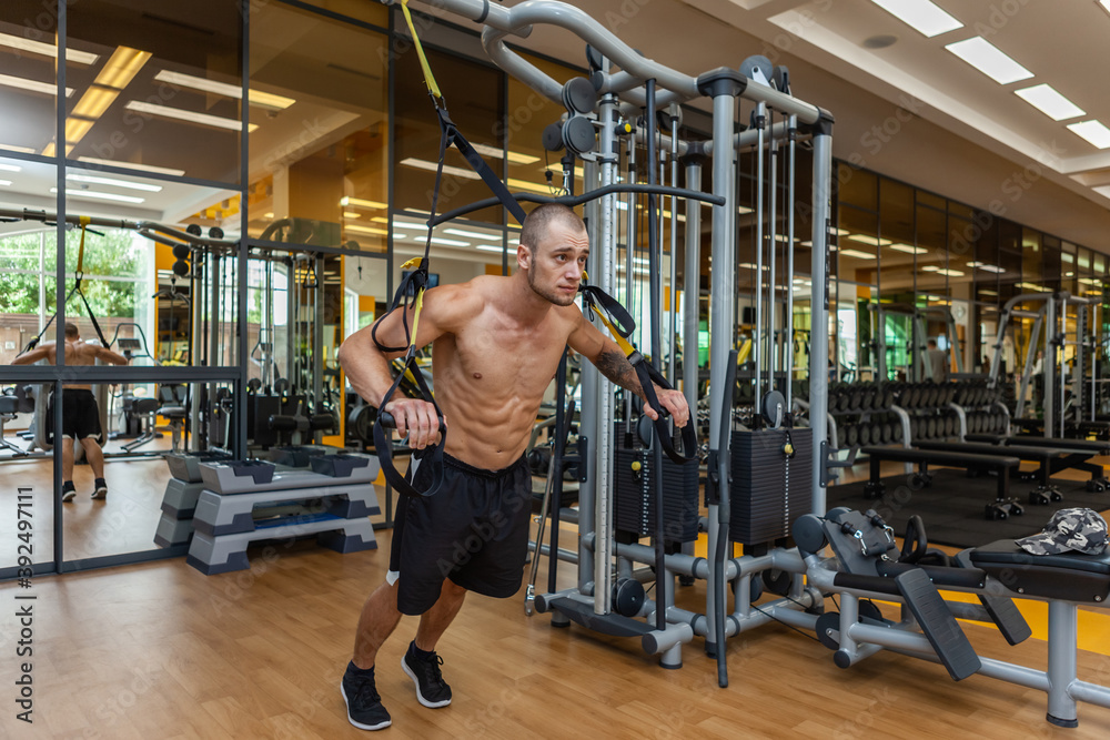Muscular naked torso man training with fitness trx system in the gym ...