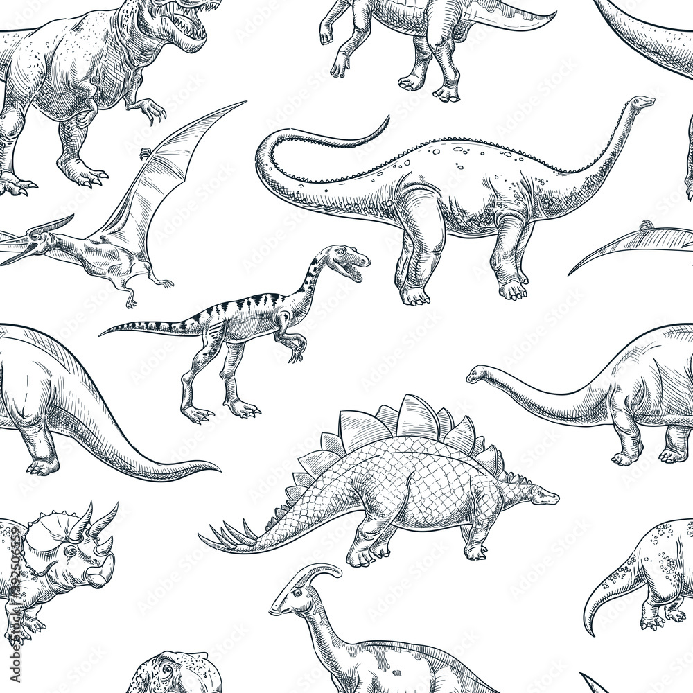 Hand drawn dinosaurs background. Vector seamless pattern. Sketch ...