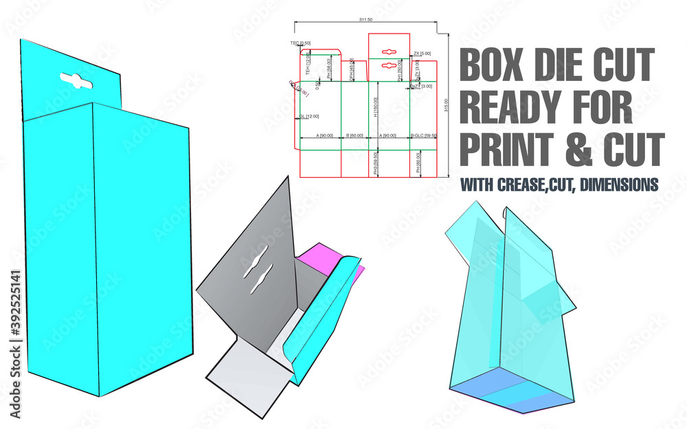 Box Die Cut Cube Template with 3D Preview organised with cut, crease ...