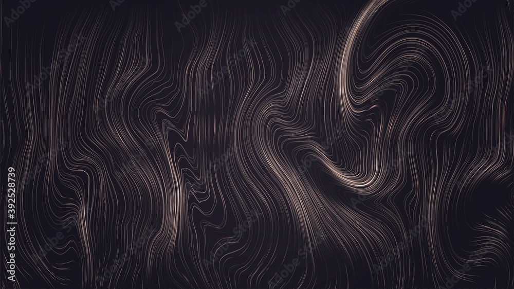 Dark background with wavy and curled lines. Vector hair or wood texture ...