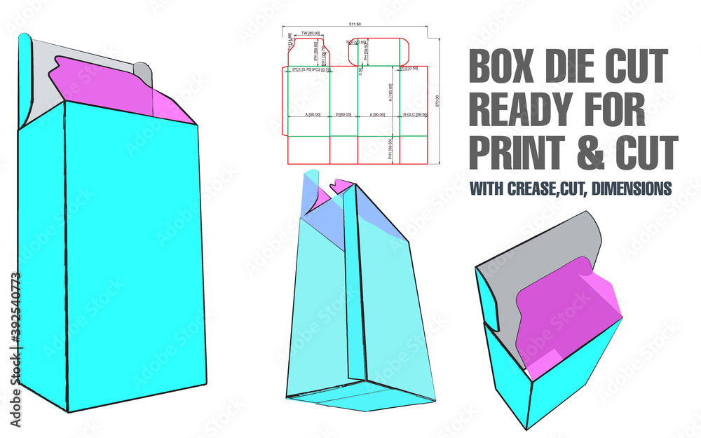 Box Die Cut Cube Template with 3D Preview organised with cut, crease ...