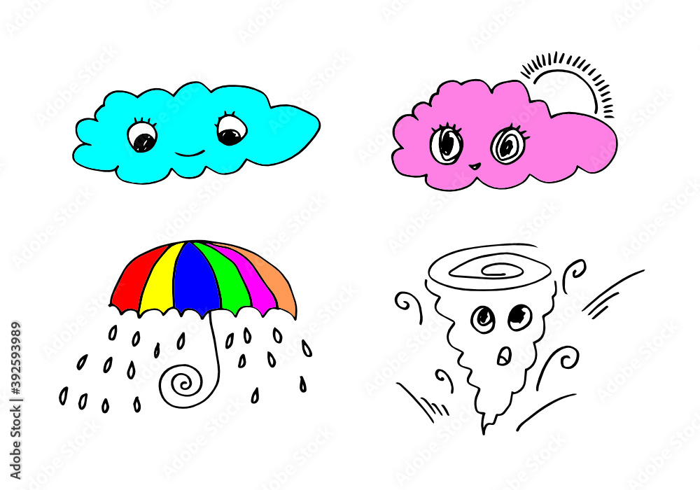 Funny clouds - vector collection. Set of clouds with umbrella. Kawai ...