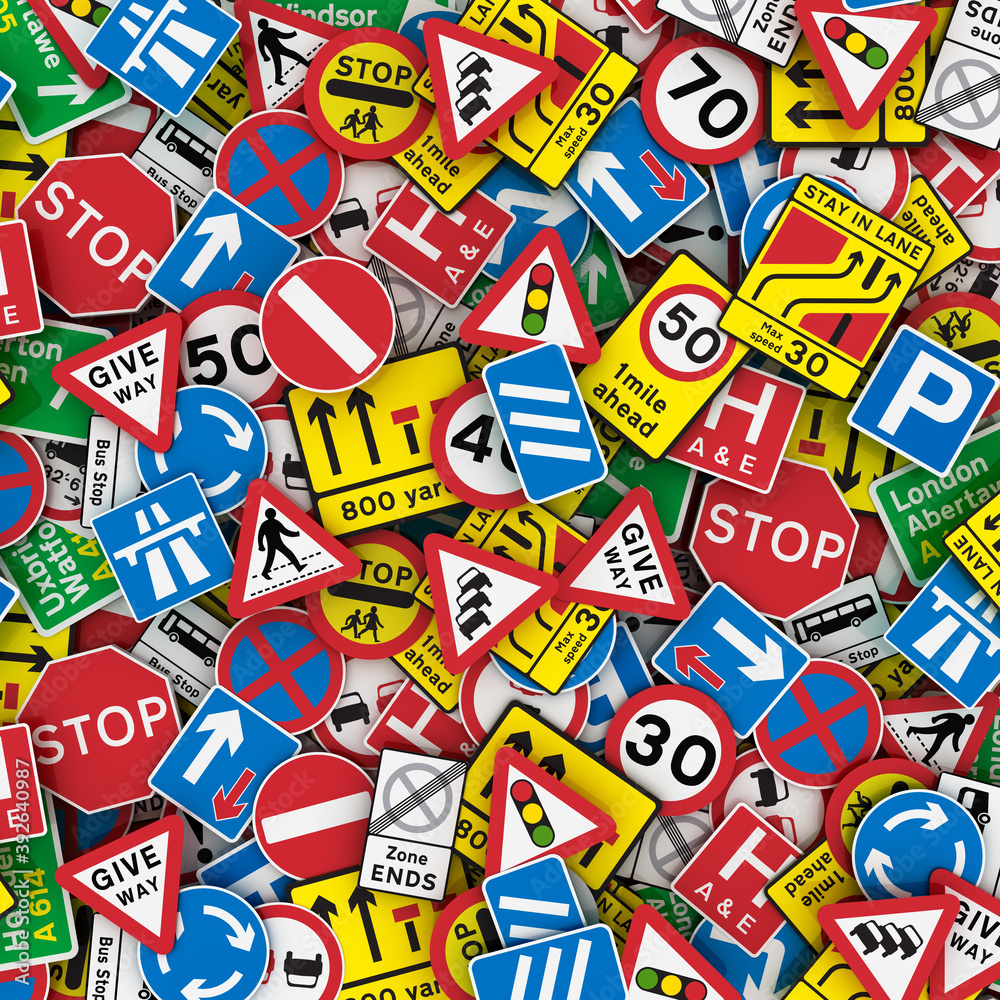 UK Road Signs Background. Extra large 3D illustration of British road ...