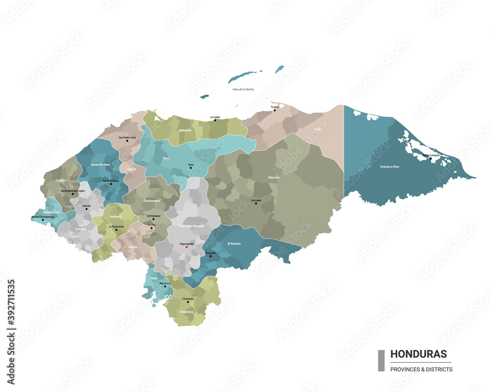 Honduras higt detailed map with subdivisions. Administrative map of ...