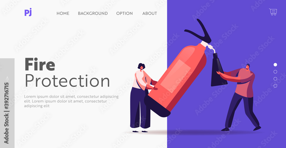 Fire Safety Landing Page Template. Tiny Male and Female Characters with ...