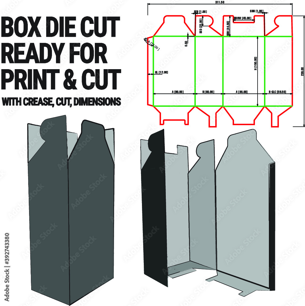 Box Die Cut Cube Template with 3D Preview organised with cut, crease ...