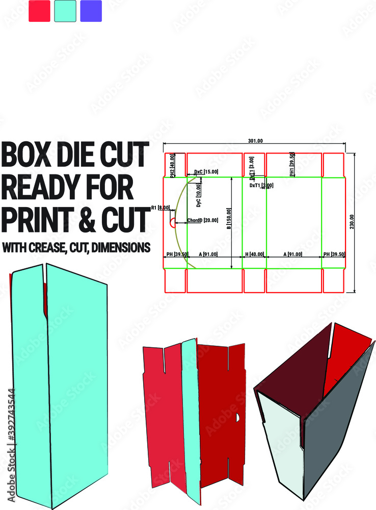 Box Die Cut Cube Template with 3D Preview organised with cut, crease ...