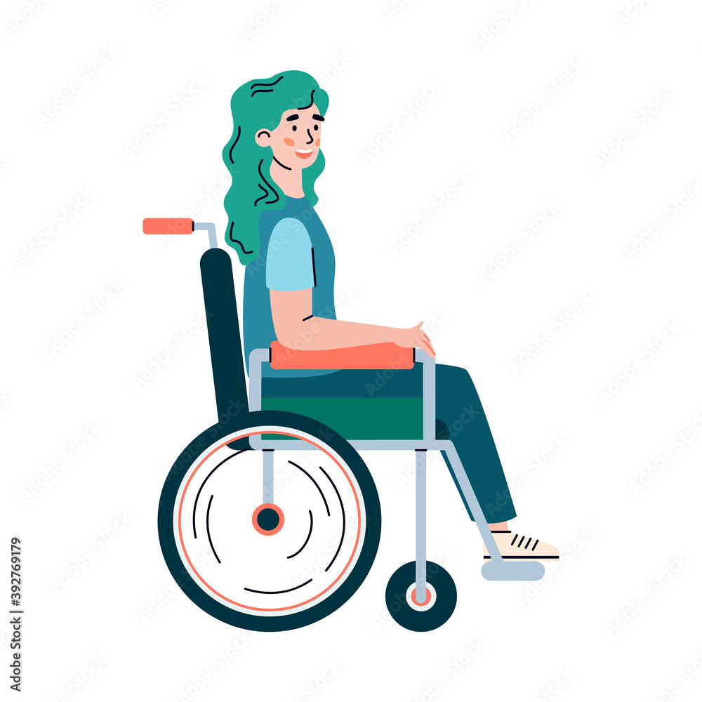 Young disabled woman cartoon character in wheelchair, flat vector ...