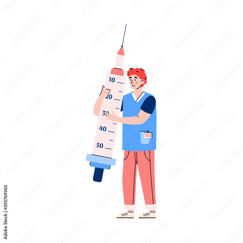 Medic or doctor standing with huge syringe, flat cartoon vector ...