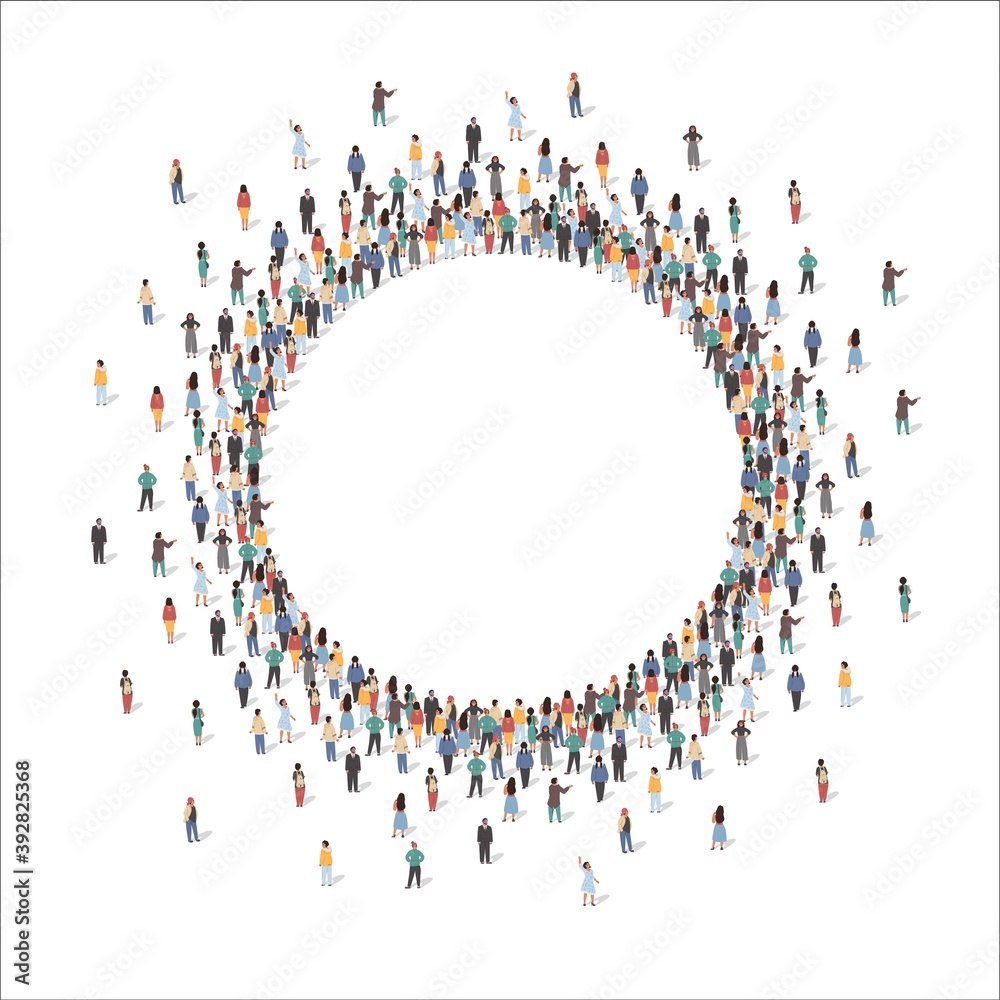 Large group of people forming circle frame standing together, flat ...