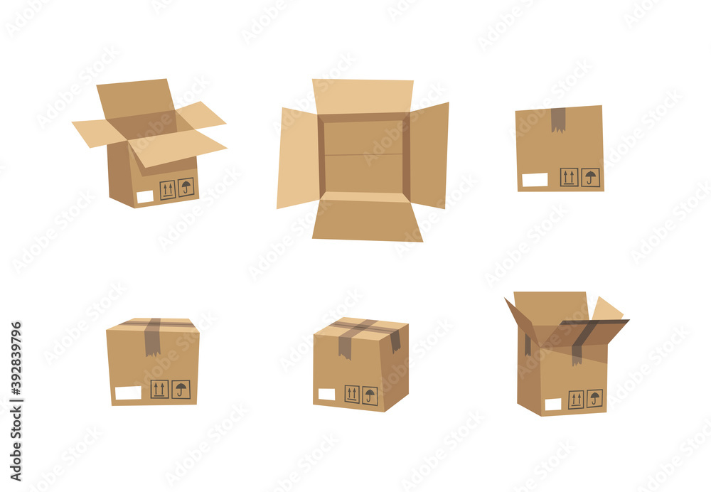 Carton Open and Closed Recycling Boxes Set. Cartoon Style Illustration ...