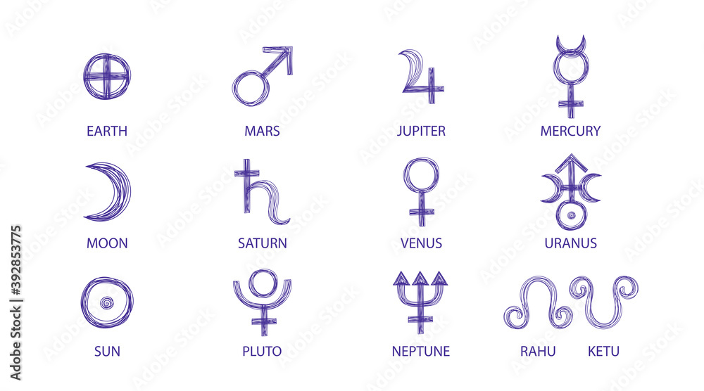 Solar planet signs hand drawn with blue pen. Vector astrological ...