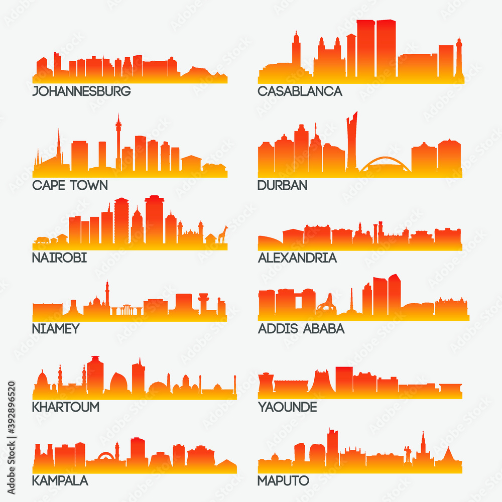 Africa Skyline City Silhouette Design Collection. Vector Illustration ...