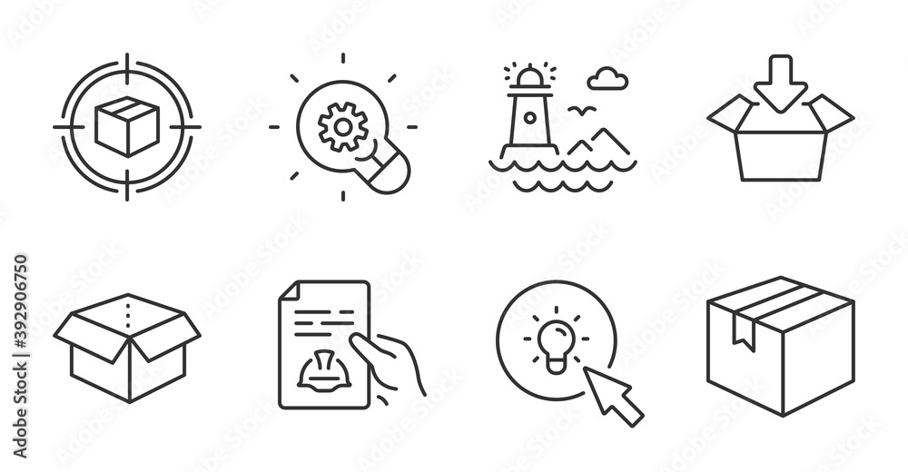 Parcel tracking, Lighthouse and Energy line icons set. Get box, Parcel and Open box signs ...
