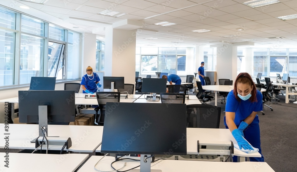 Professional cleaners with the masks on their faces clean and disinfect ...